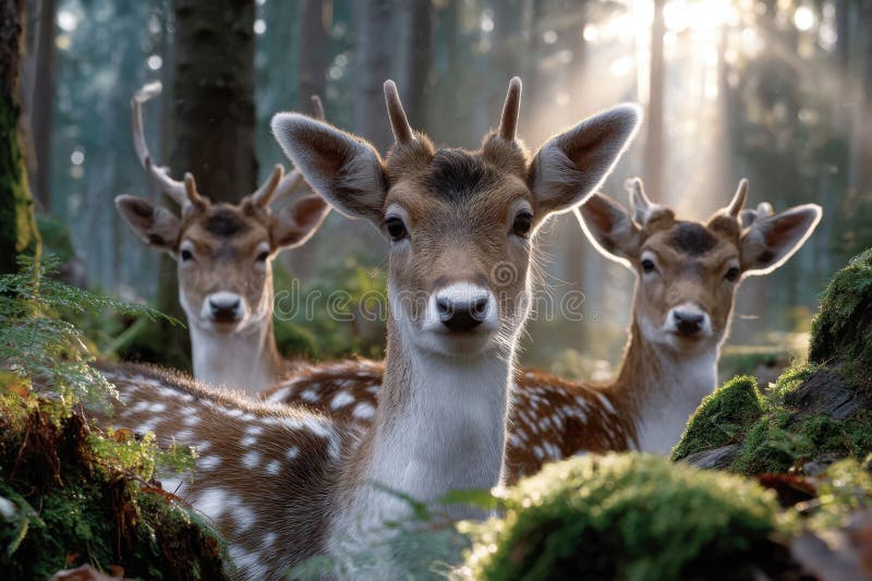 Three Deer in a Serene Forest Illuminated by Soft Morning Light Stock ...