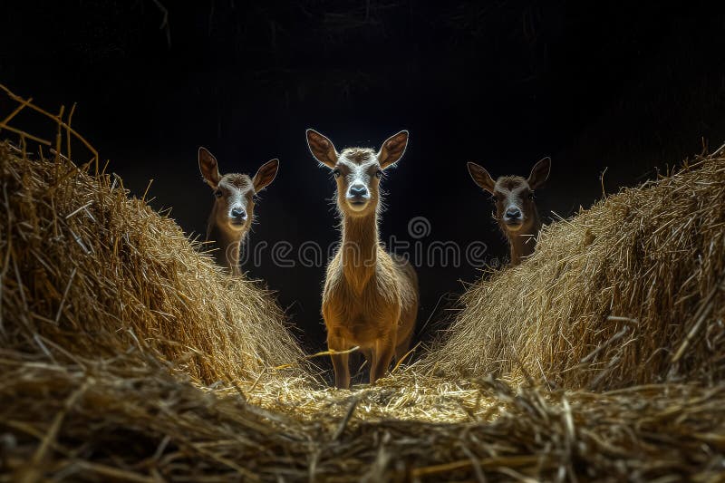 Three Deer Standing in a Field of Hay Stock Image - Image of female ...