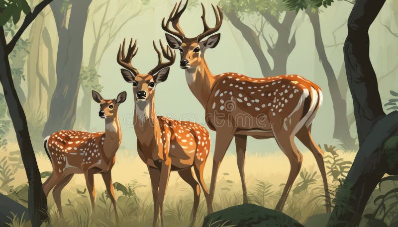 Three Deer Standing in a Field with Trees in the Background Stock ...