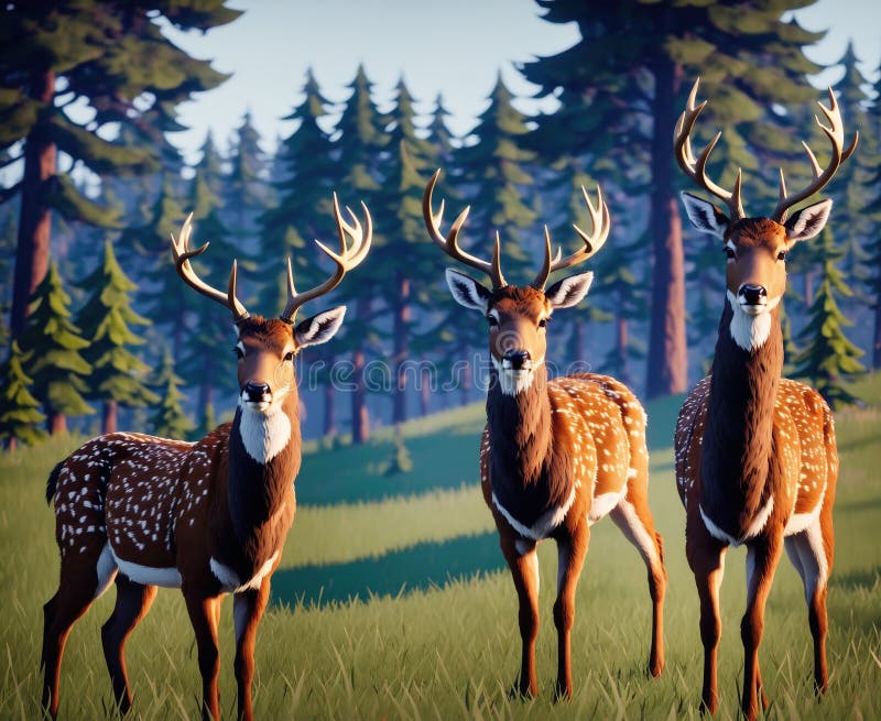 Three Deer Standing in a Forest with Tall Trees in the Background ...