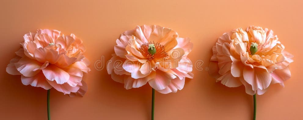Three Delicate Peach Ranunculus Flowers Against Soft Orange Background ...