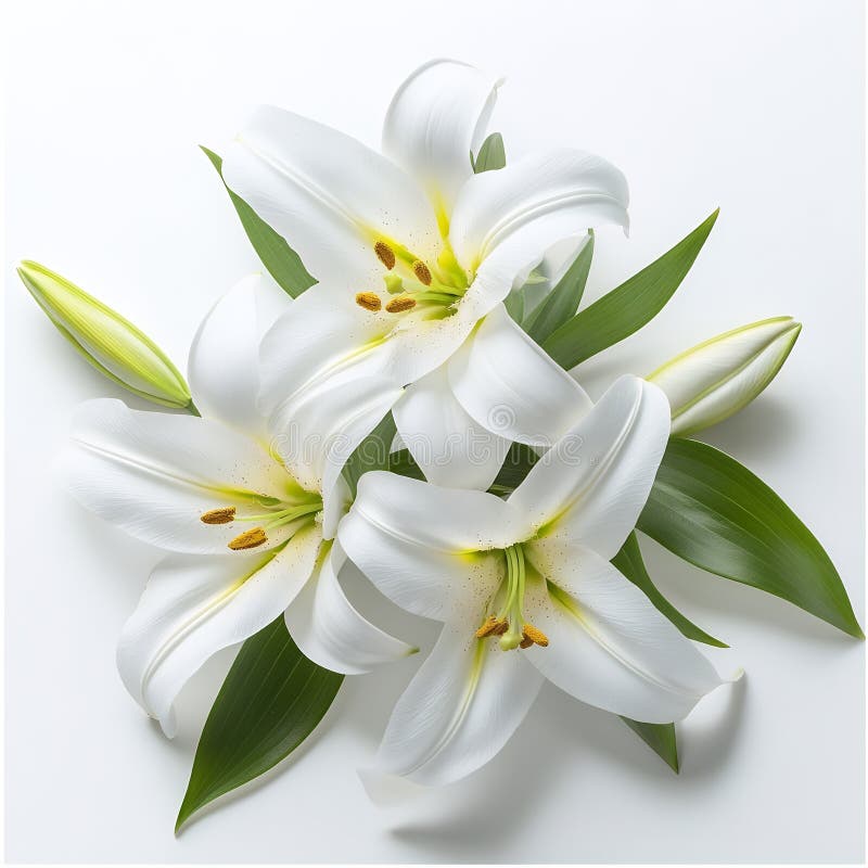 Three Delicate White Lilies with Green Leaves Stock Photo - Image of ...