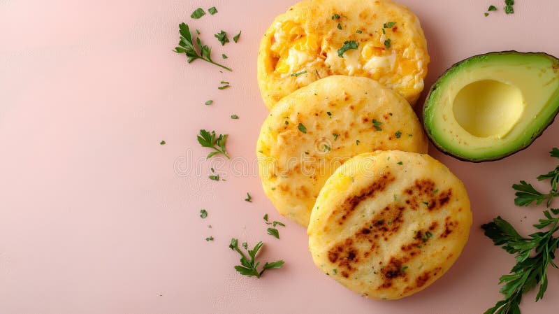 Three Delicious Arepas with Avocado and Herbs on a Pink Surface Stock ...