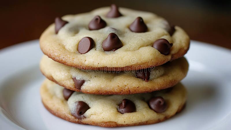Three Delicious Chocolate Chip Cookies Stacked on a White Plate Stock ...