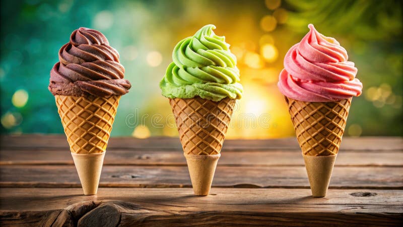 Three Delicious Frozen Dessert Cones on Rustic Wood. Generative AI ...