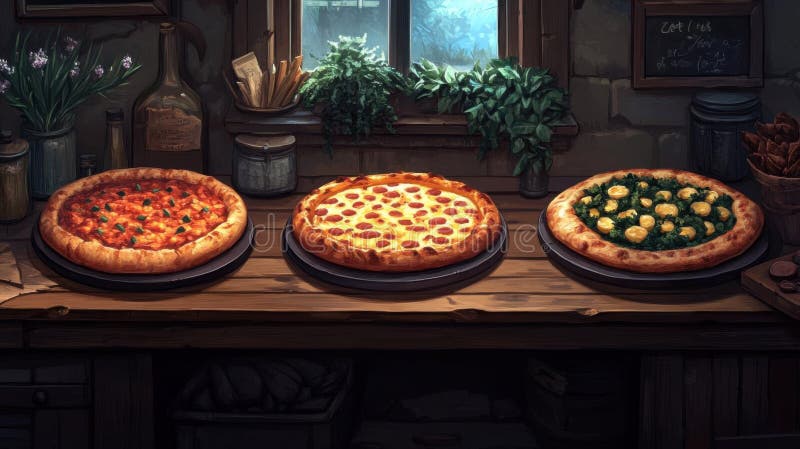 Three Delicious Pizzas stock illustration. Illustration of meal - 365355032