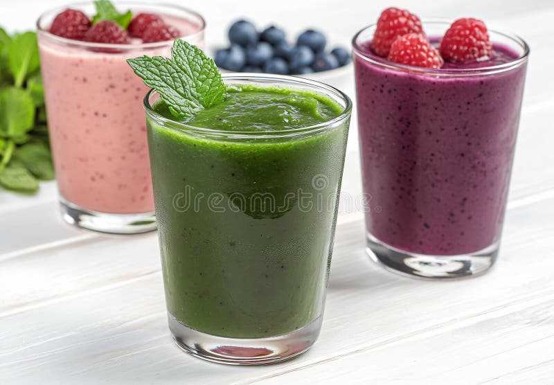 Three Delicious Smoothies on White Table Stock Illustration ...