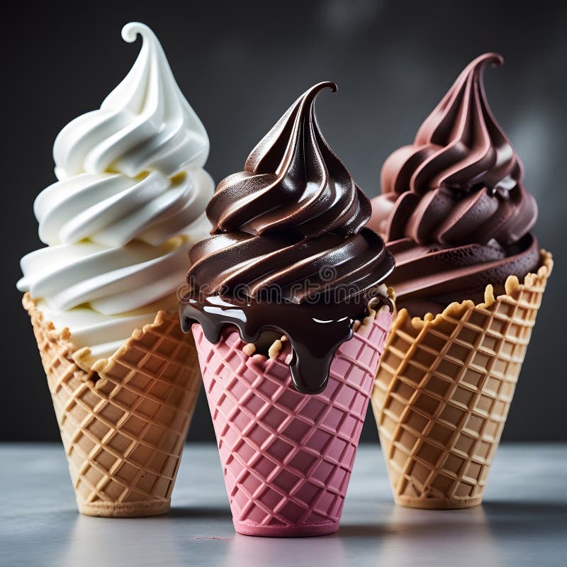 Three Delicious Soft Serve Ice Cream Cones in Handmade Waffle Cones ...