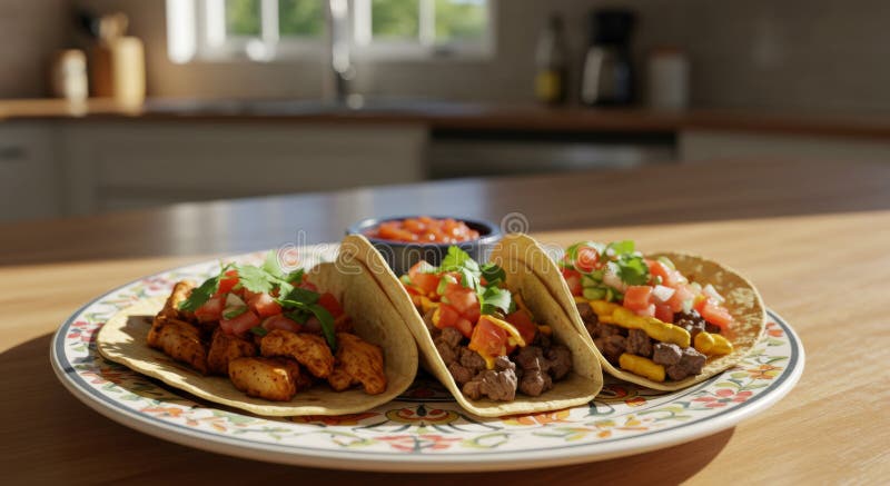 Three Delicious Tacos on a Decorative Plate Stock Illustration ...