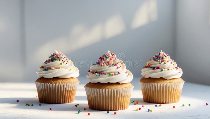 Three Delicious Vanilla Cupcakes Topped with Sprinkles. Stock Photo ...