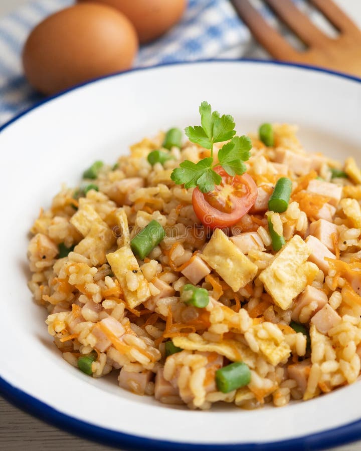 Three-delight Asian Rice with Vegetables, Egg, and Green Beans. Stock ...