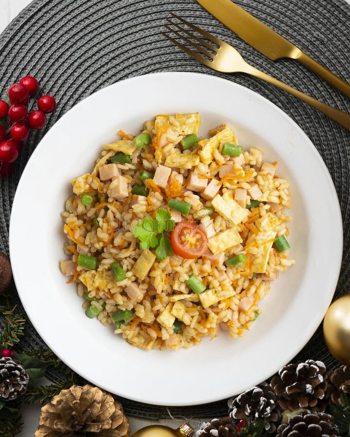 Three-delight Fried Rice with Vegetables, Egg, and Ham. Top View of a ...