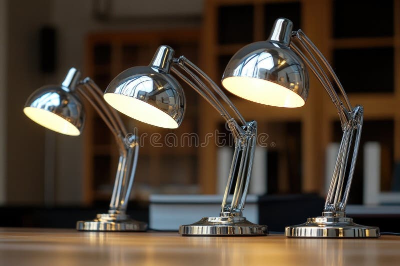 Three Desk Lamps Sit on a Wooden Table, Providing Warm Lighting Stock ...
