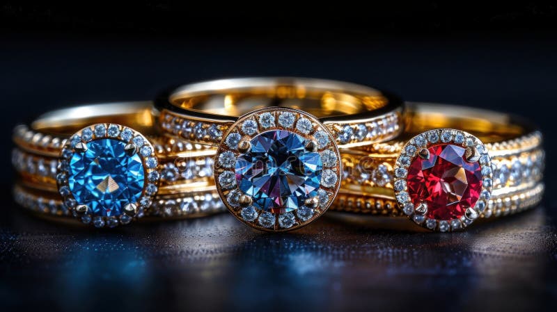 Three Diamond Rings with a Blue, Red and Clear Diamond Stock Image ...