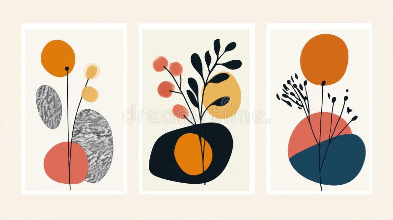 Three Different Abstract Paintings of Plants and Flowers Stock ...