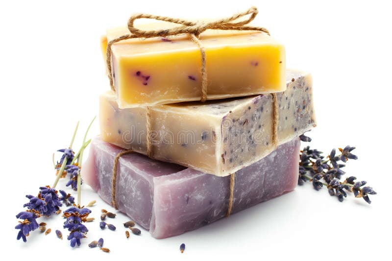 Three Different Bars of Handmade Soap with Herbs and Lavender Isolated ...