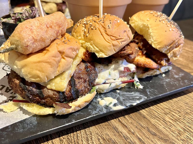 Trio of Burgers stock photo. Image of dinner, unhealthy - 273577028