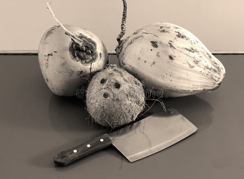 Three Different Coconuts with Machete Stock Photo - Image of knife ...