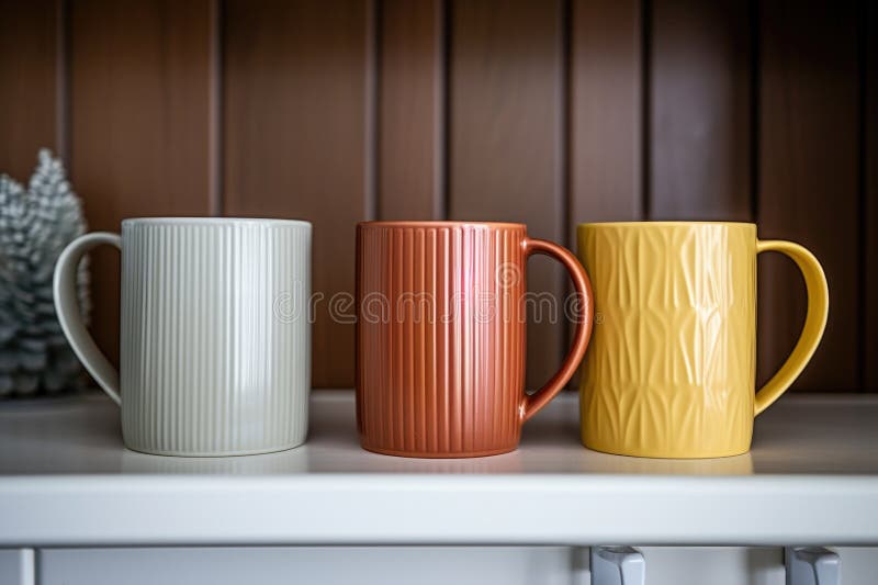 Three Different Coffee Mugs on a Kitchen Shelf Stock Photo - Image of ...