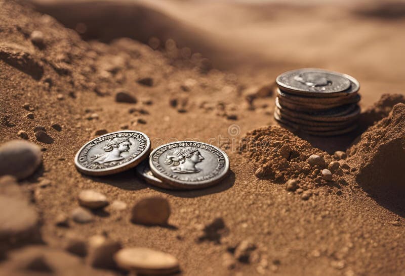 Three Different Coins on the Sand in the Desert with Stones Stock ...