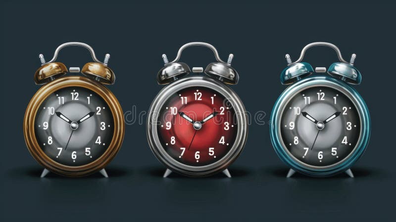 Three Different Colored Alarm Clocks Sitting Side by Side. Suitable for ...