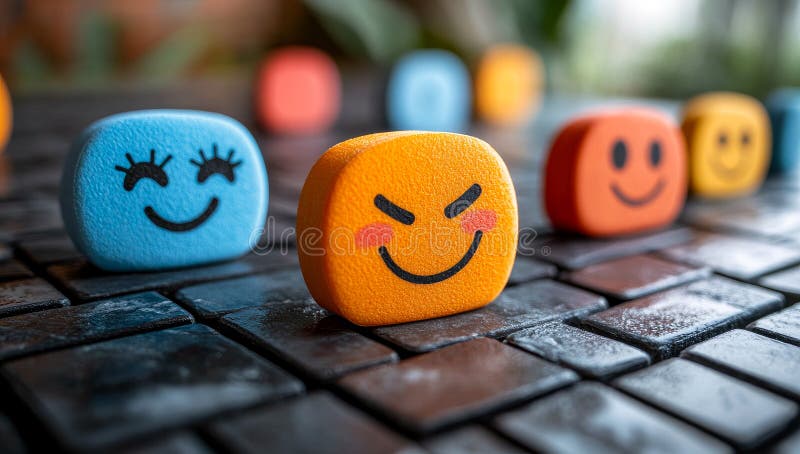 Three Different Colored Blocks with Smiling Faces on Them Stock Photo ...