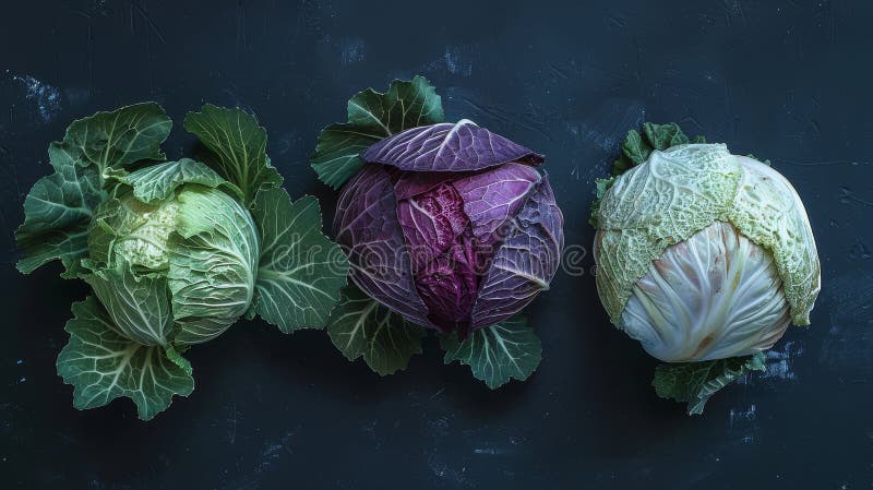Three Different Colored Cabbage Heads are Displayed on a Black ...
