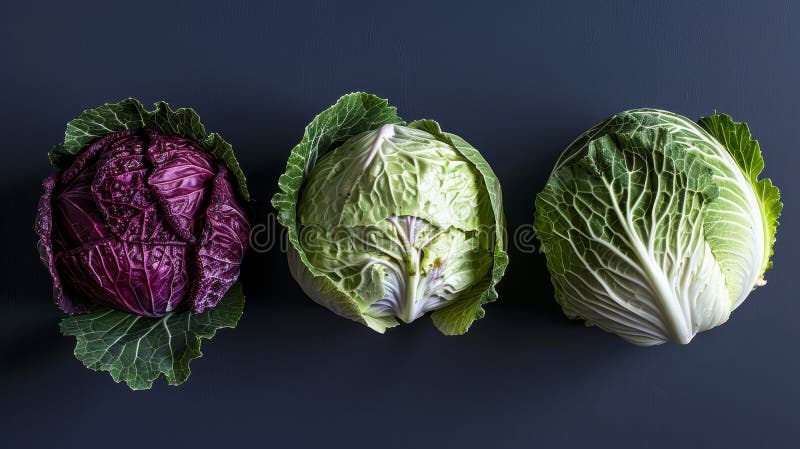 Three Different Colored Cabbage Heads are Displayed on a Counter Stock ...