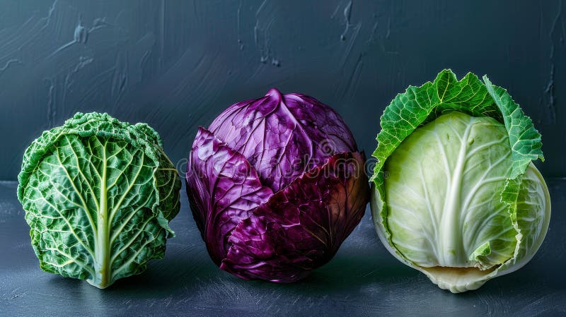 Three Different Colored Cabbage Heads are Displayed on a Counter Stock ...