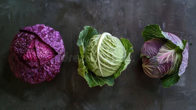 Three Different Colored Cabbage Heads are Displayed on a Counter Stock ...