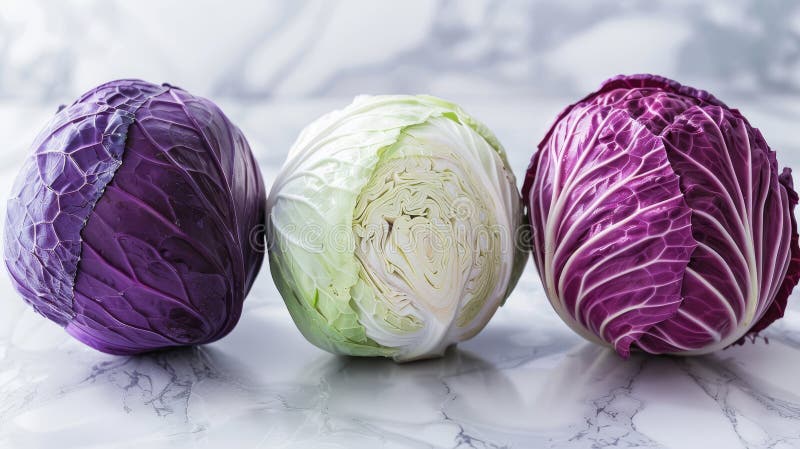 Three Different Colored Cabbage Heads are Displayed on a Marble ...