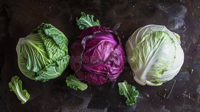 Three Different Colored Cabbage Heads are Displayed on a Table Stock ...