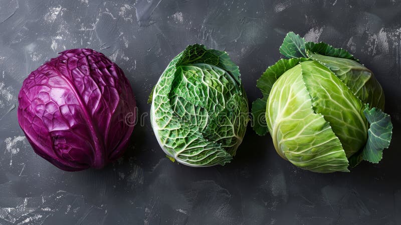 Three Different Colored Cabbage Heads are Displayed on a Table Stock ...