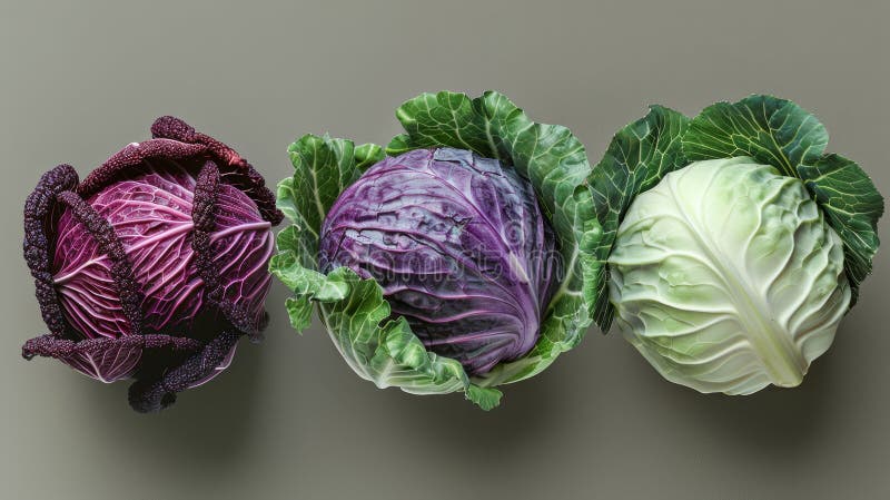 Three Different Colored Cabbage Heads are Shown in a Row Stock Image ...