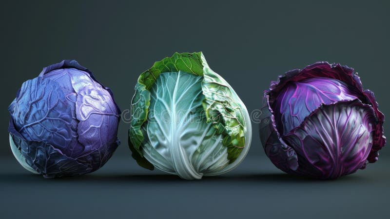 Three Different Colored Cabbage Heads are Shown in a Row Stock Image ...