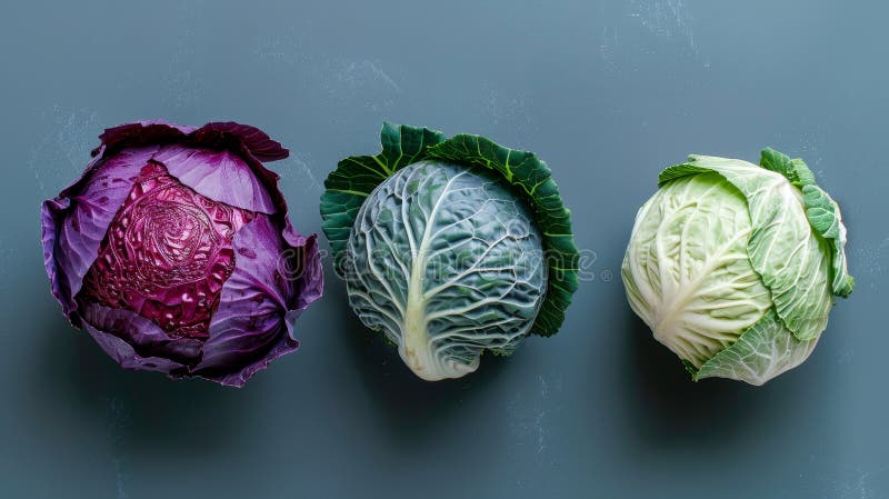 Three Different Colored Cabbage Heads are Shown on a Table Stock Photo ...
