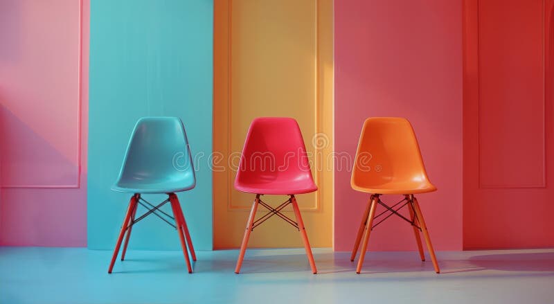 Three Different Colored Chairs in Front of Colorful Wall Stock Photo ...