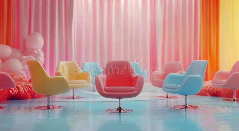 Three Different Colored Chairs in Front of Colorful Wall Stock Photo ...