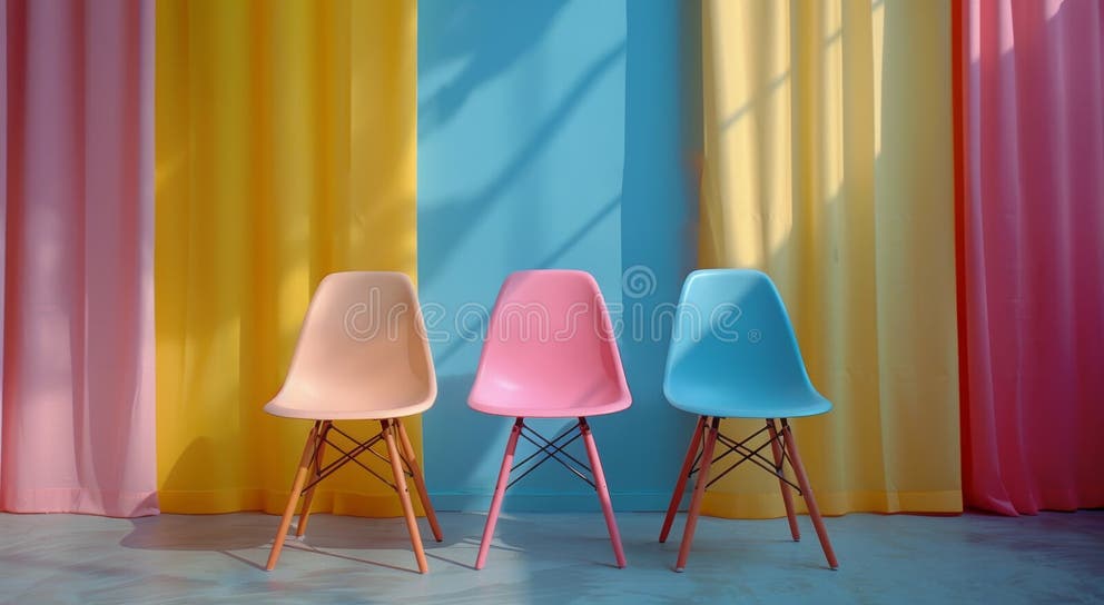 Three Different Colored Chairs in Front of Colorful Wall Stock Image - Image of living, style ...