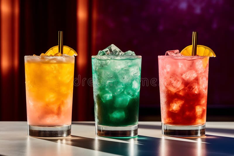 Three Different Colored Cocktails on the Bar Counter with Ice Spread ...