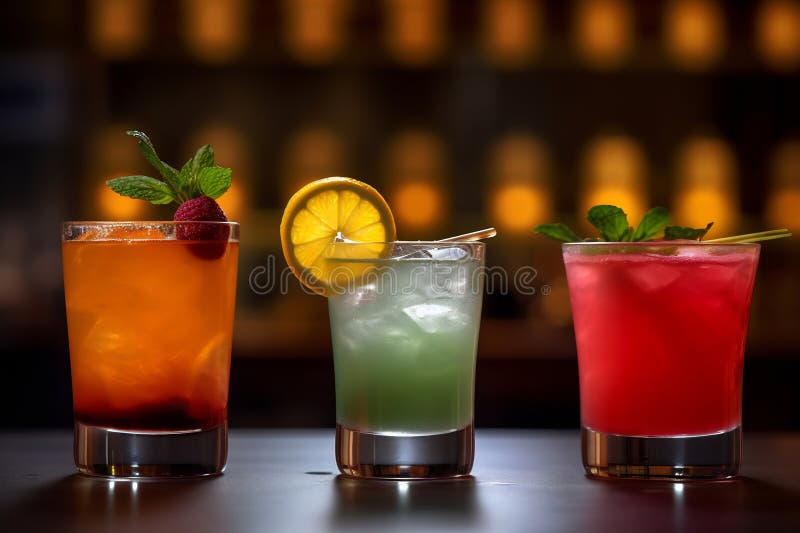 Three Different Colored Cocktails on the Bar Counter with Ice Spread ...