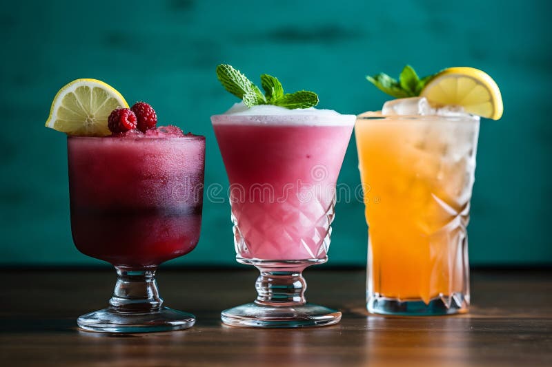 Three Different Colored Cocktails on the Bar Counter with Ice Spread ...