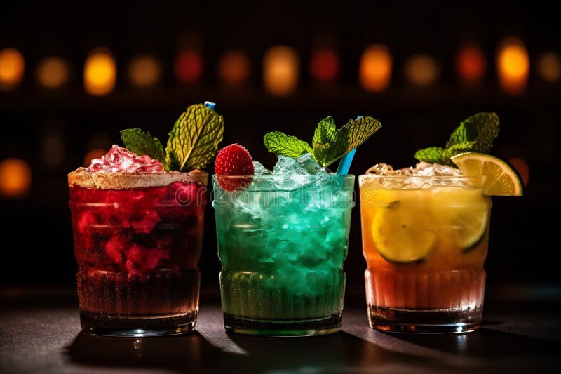 Three Different Colored Cocktails on the Bar Counter with Ice Spread ...