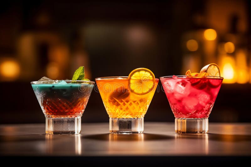 Three Different Colored Cocktails on the Bar Counter with Ice Spread ...