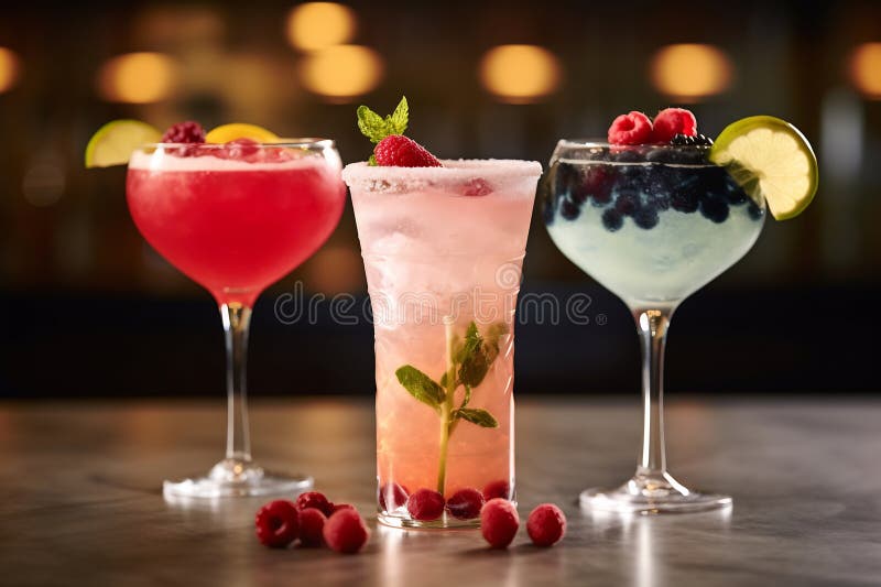 Three Different Colored Cocktails on the Bar Counter with Ice Spread ...