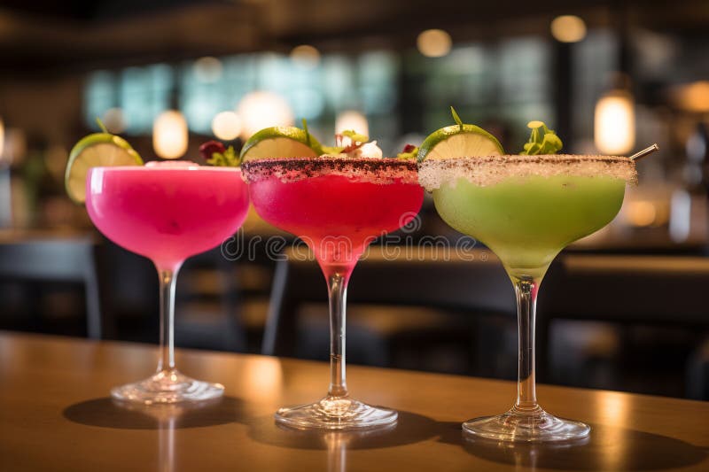 Three Different Colored Cocktails on the Bar Counter with Ice Spread ...