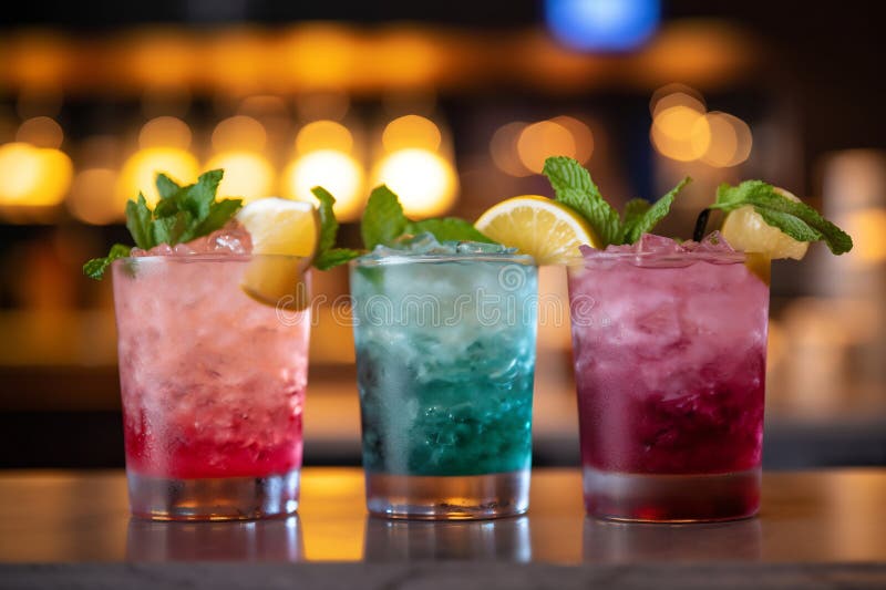 Three Different Colored Cocktails on the Bar Counter with Ice Spread ...
