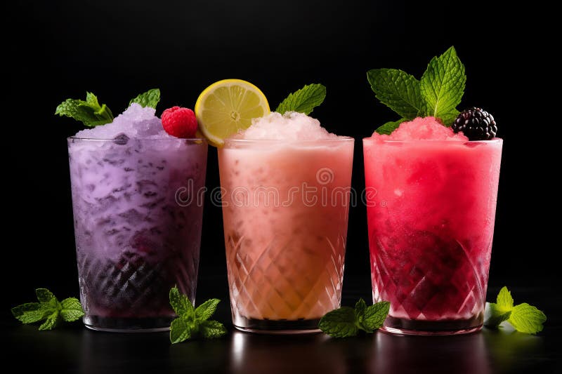 Three Different Colored Cocktails on the Bar Counter with Ice Spread ...