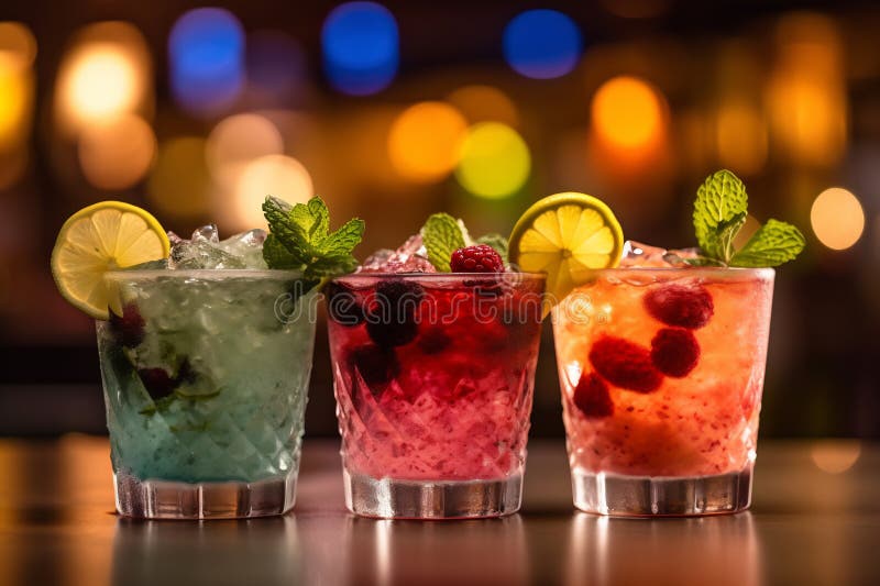 Three Different Colored Cocktails on the Bar Counter with Ice Spread ...