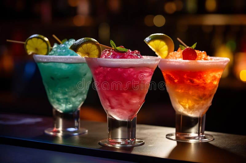 Three Different Colored Cocktails on the Bar Counter with Ice Spread ...
